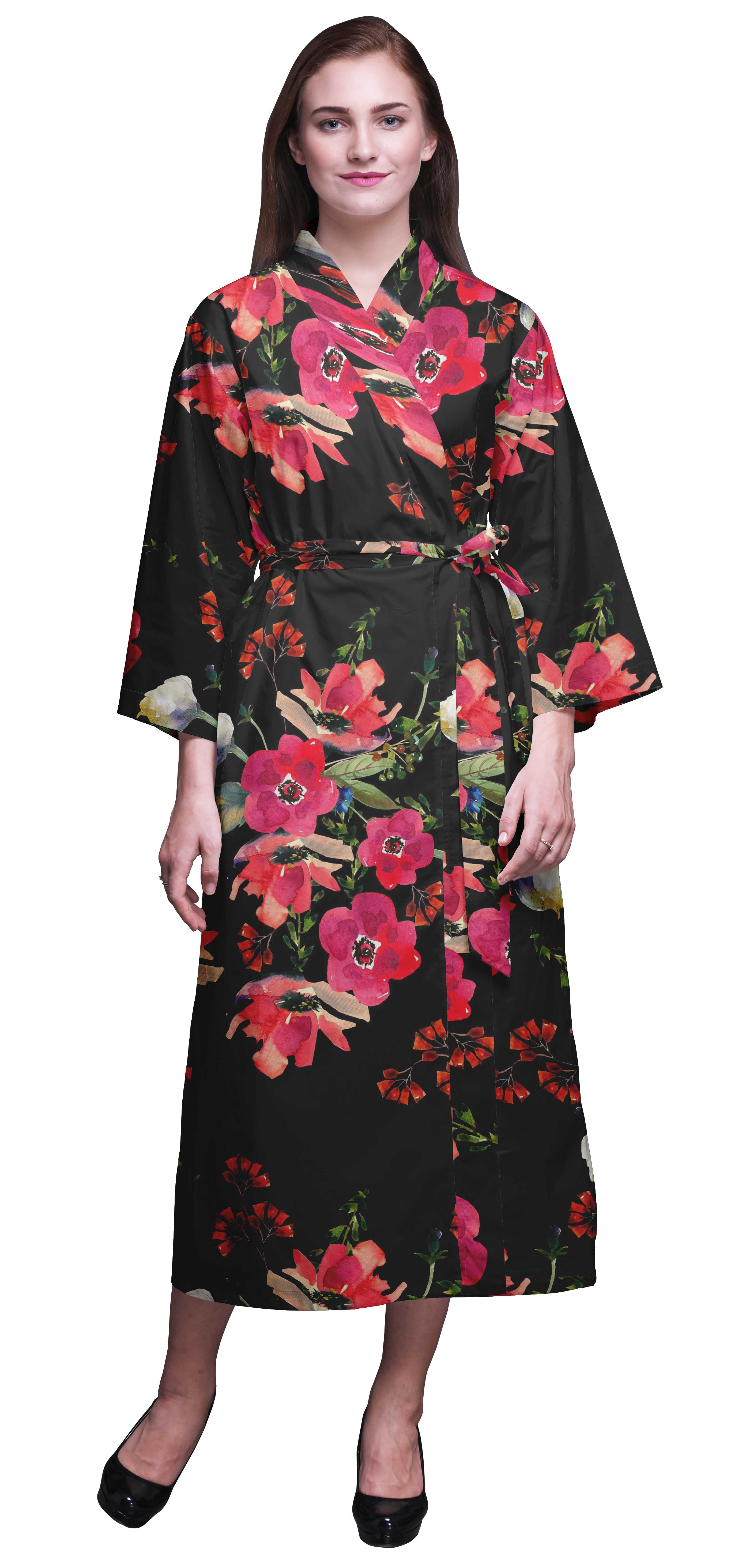 Bimba Black Flower Leaves & Poppy Long Robes For Women Printed Bride ...