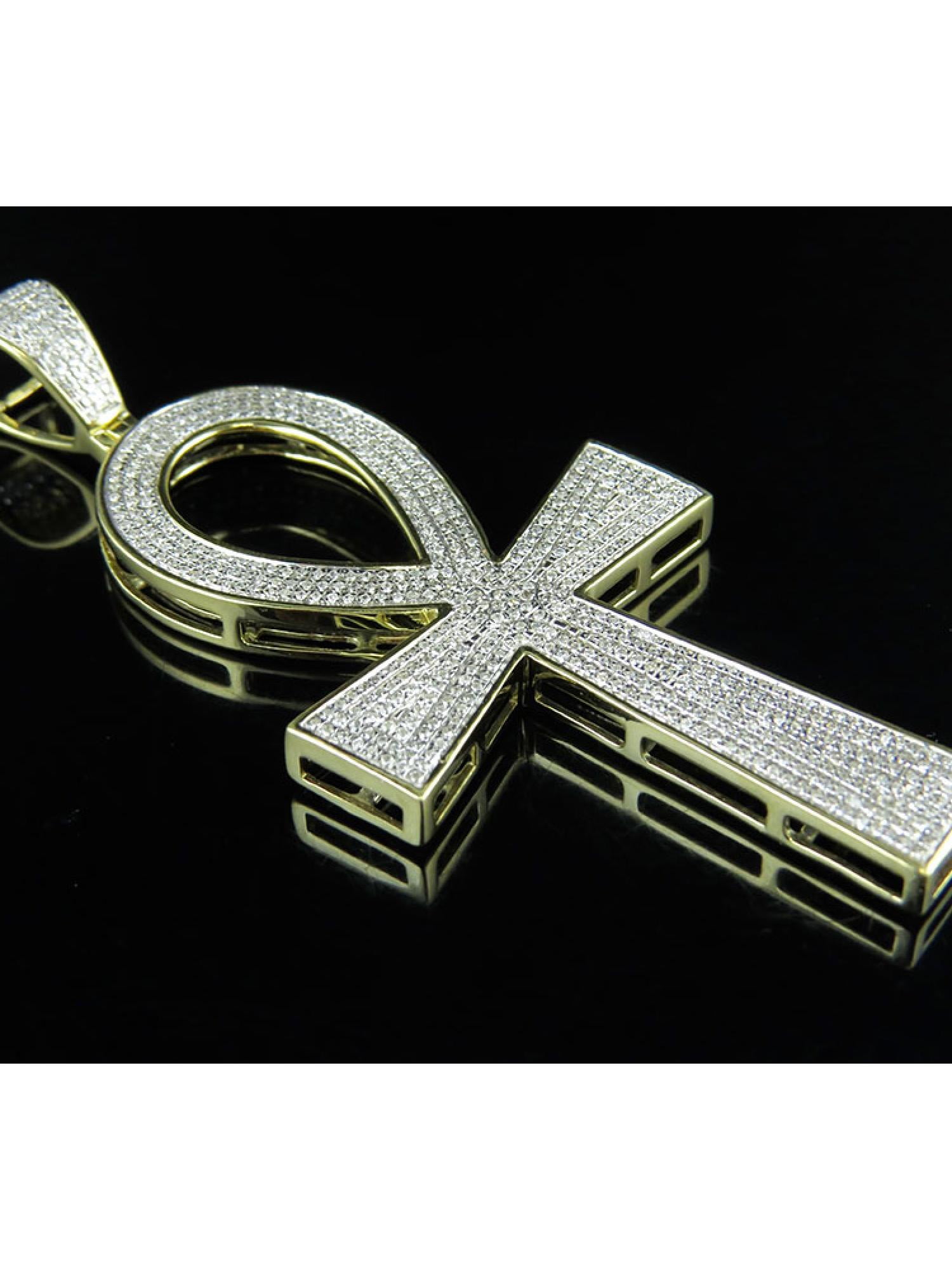 10K Yellow Gold Ankh Cross Genuine Diamond 3.0 Inch Pendant Charm 1 ...