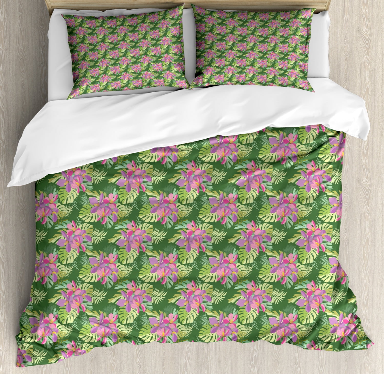 Orchids Duvet Cover Set Queen Size, Wild Flowers Fan Palm Royal Fern ...