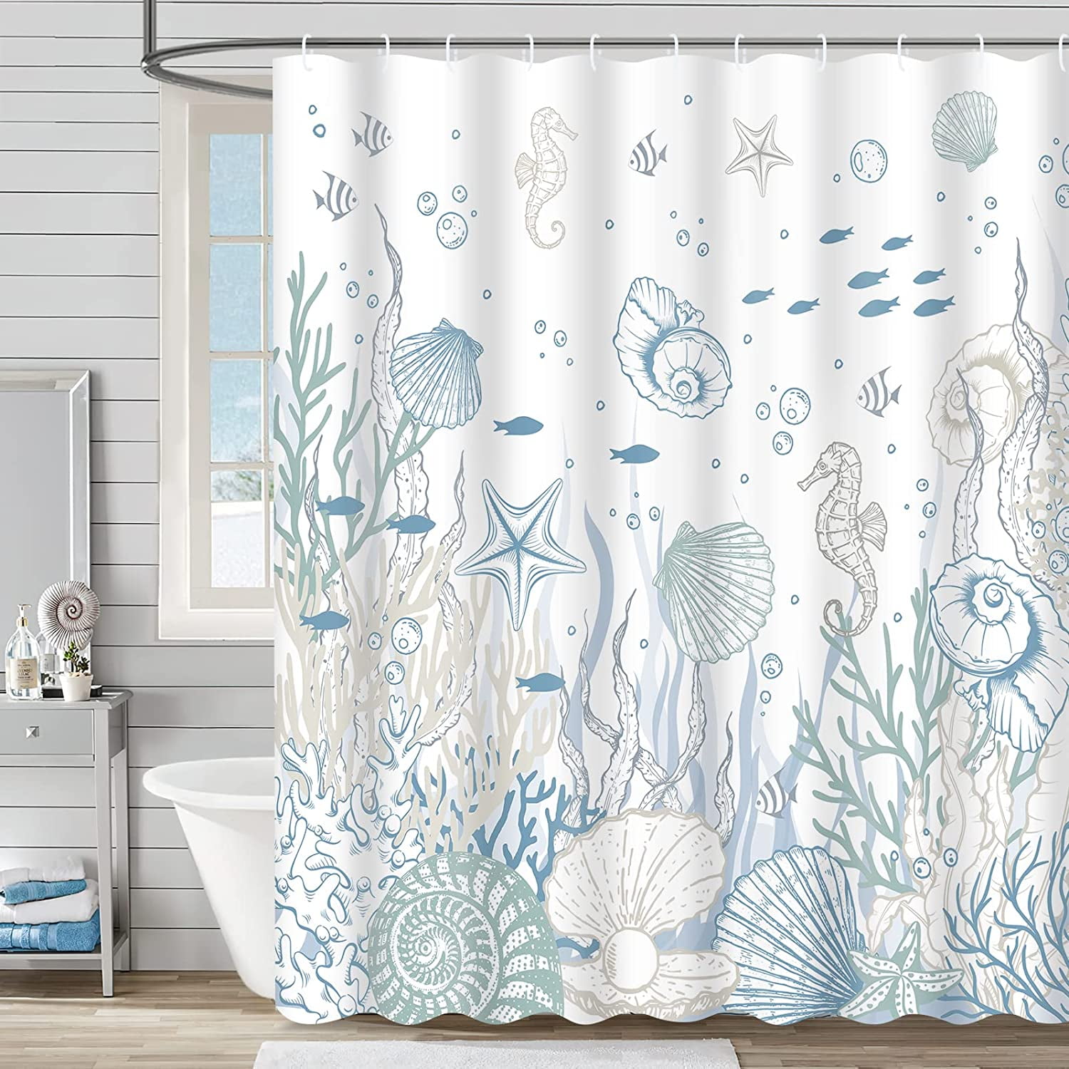 Nautical Coastal Shower Curtain, Coral Seashell Beach Shower Curtain ...