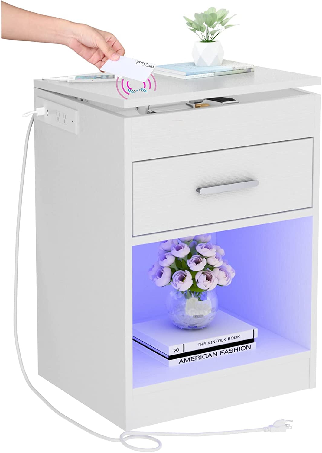 Nightstand with Charging Station and LED Lights, Concealment Furniture ...