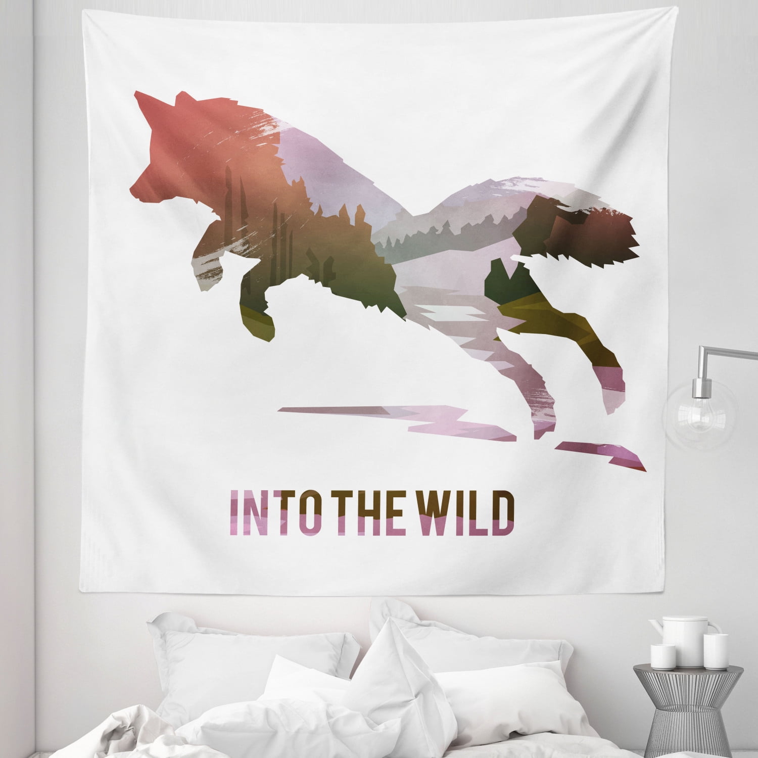 Fox Tapestry, Jumping Fox Silhouette with Woodland Wilderness Hunting ...