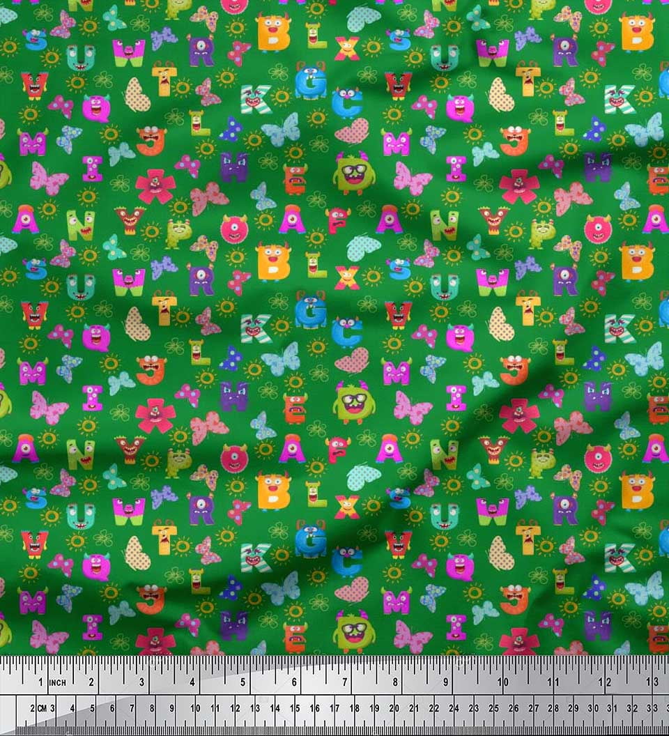 Soimoi Green Satin Silk Fabric Insect,Sun & Cartoon Alphabets Text ...