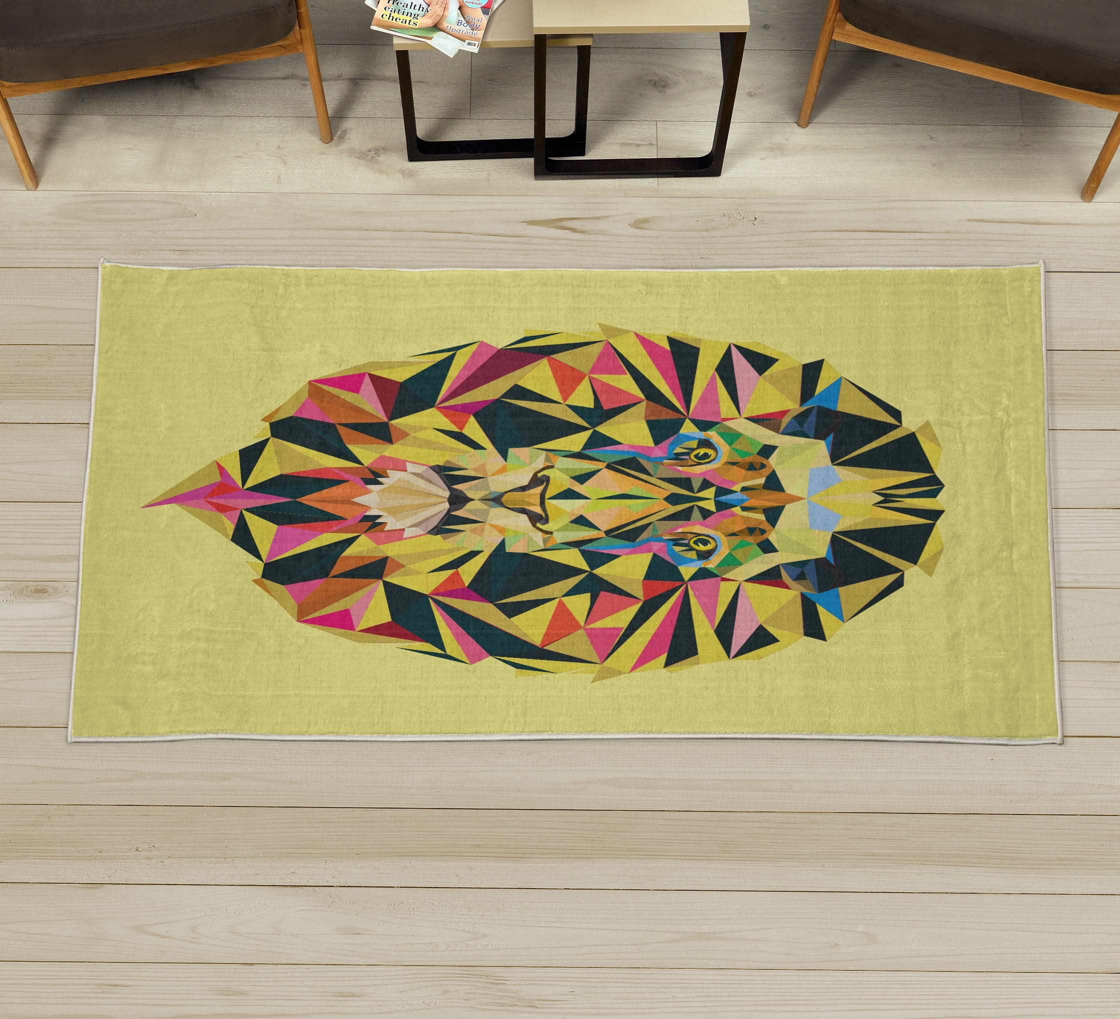 Zoo Decorative Rug, Colorful Animals Geometric Diamond Face Lions Mane ...