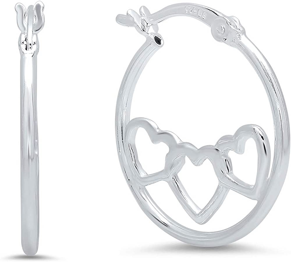 .925 Sterling Silver Triple Heart Hoop Earrings, 1.2x24mm, with Saddle ...