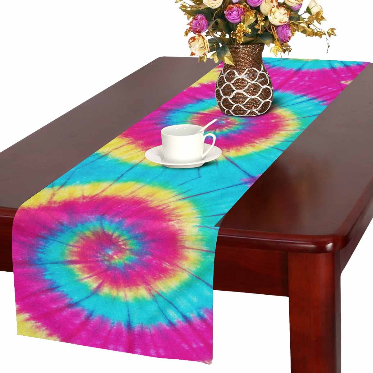 MKHERT Abstract Rainbow Spiral Tie Dye Table Runner Home Decor for ...