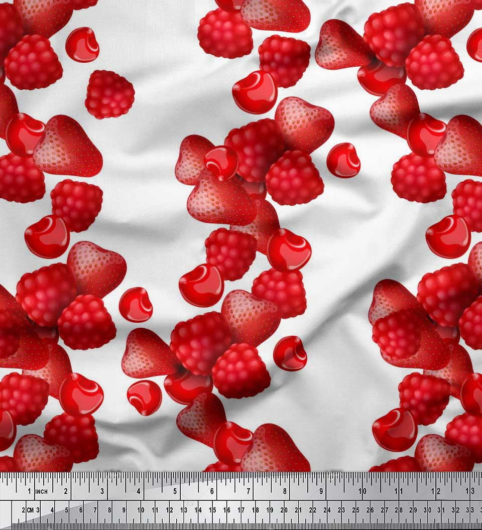 Soimoi Satin Silk Fabric Raspberry,Strawberry & Cherry Fruits Print ...