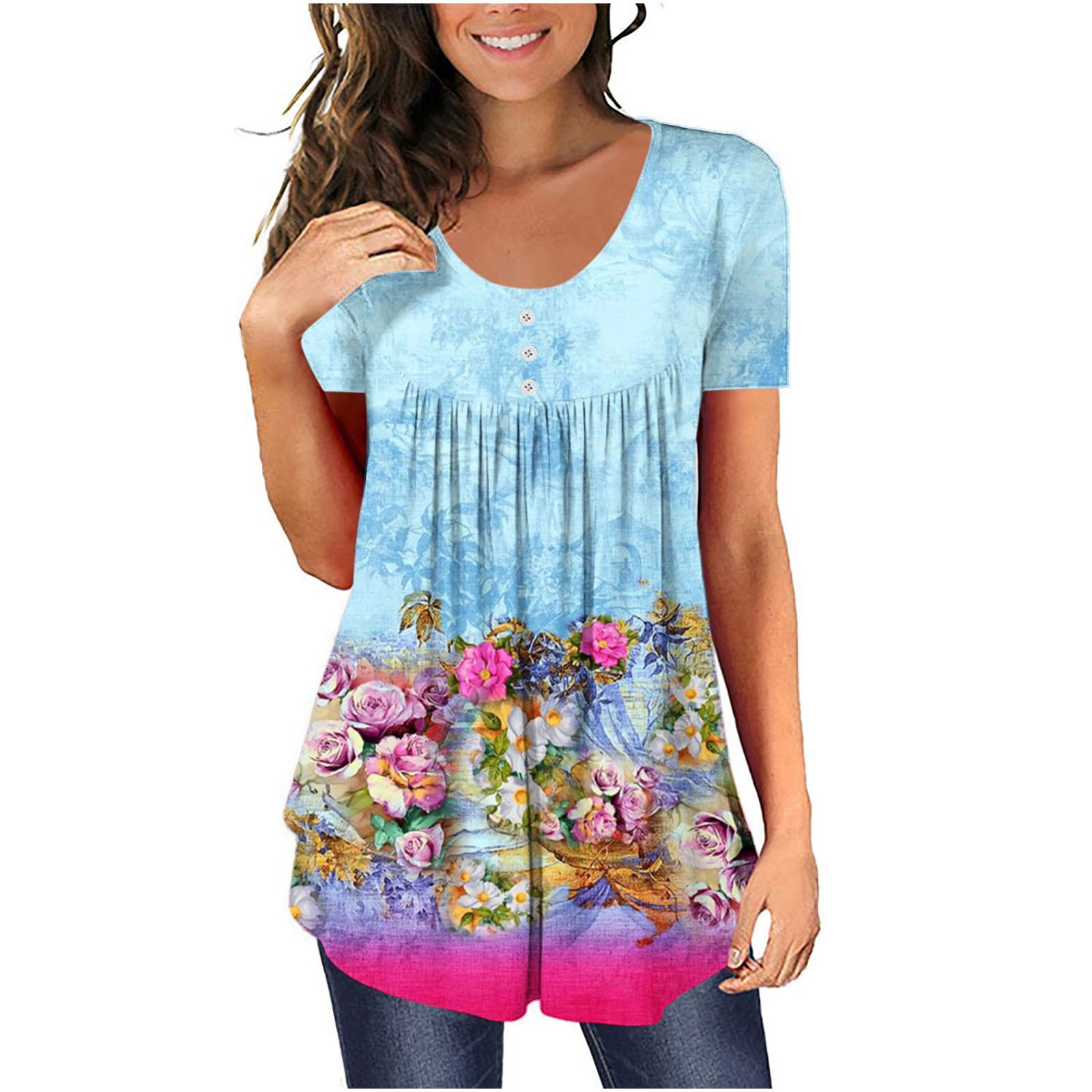 Jeashchat Womens Plus Size Summer Tops Womens Floral Printed Short