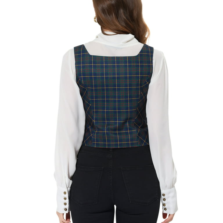 Unique Bargains Women's Tweed Square Neck Plaid Waistcoat Unique Bargains Women's Tweed Square Neck Plaid Waistcoat