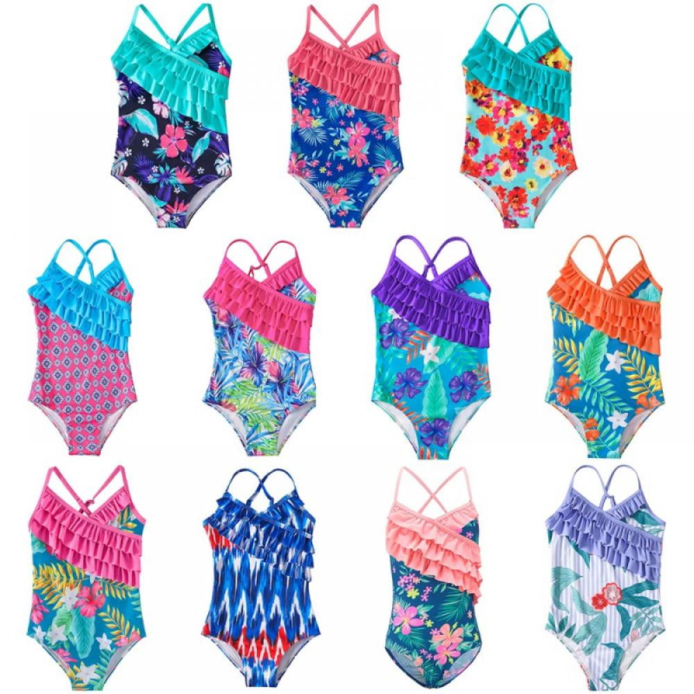 AJZIOJIRO Kids Girls One Piece Swimsuits Sweet Floral Print Back ...