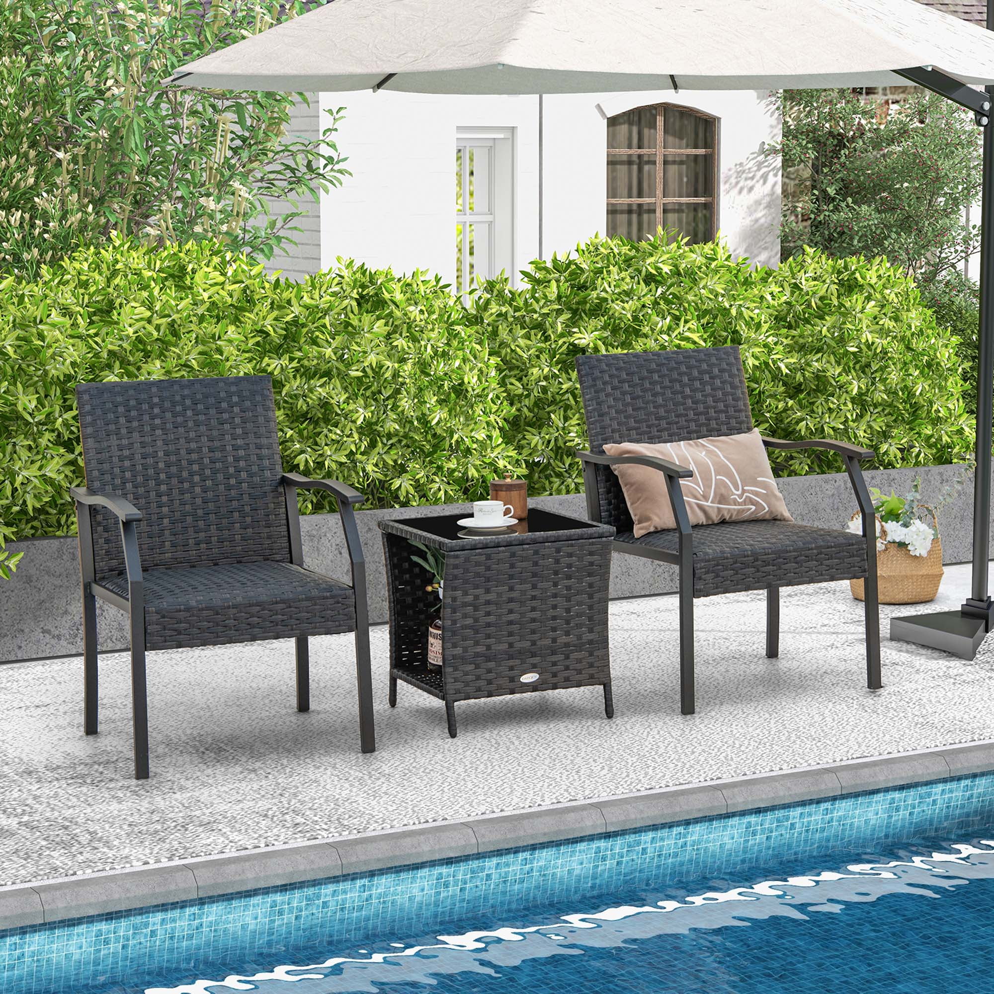 Costway 3 Pcs Patio Conversation Set Wicker Chair Tempered Glass Table Cushioned Seat Quick Dry Foam All Weather 26 X 23 X 34.5 (L X W X H)