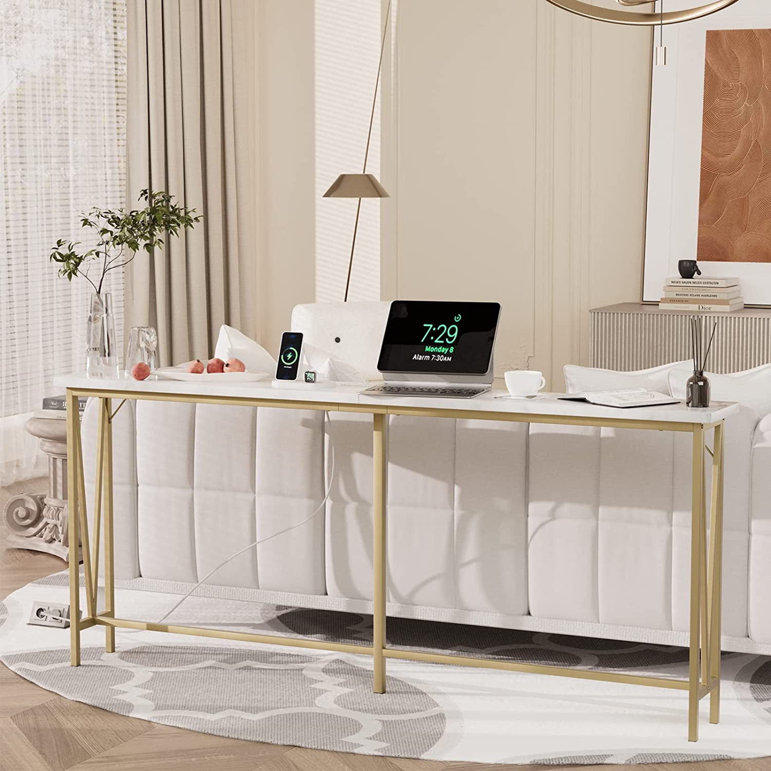 Sofa Tables Narrow Long, Gold Console Table with Power Outlets, 72.8 ...