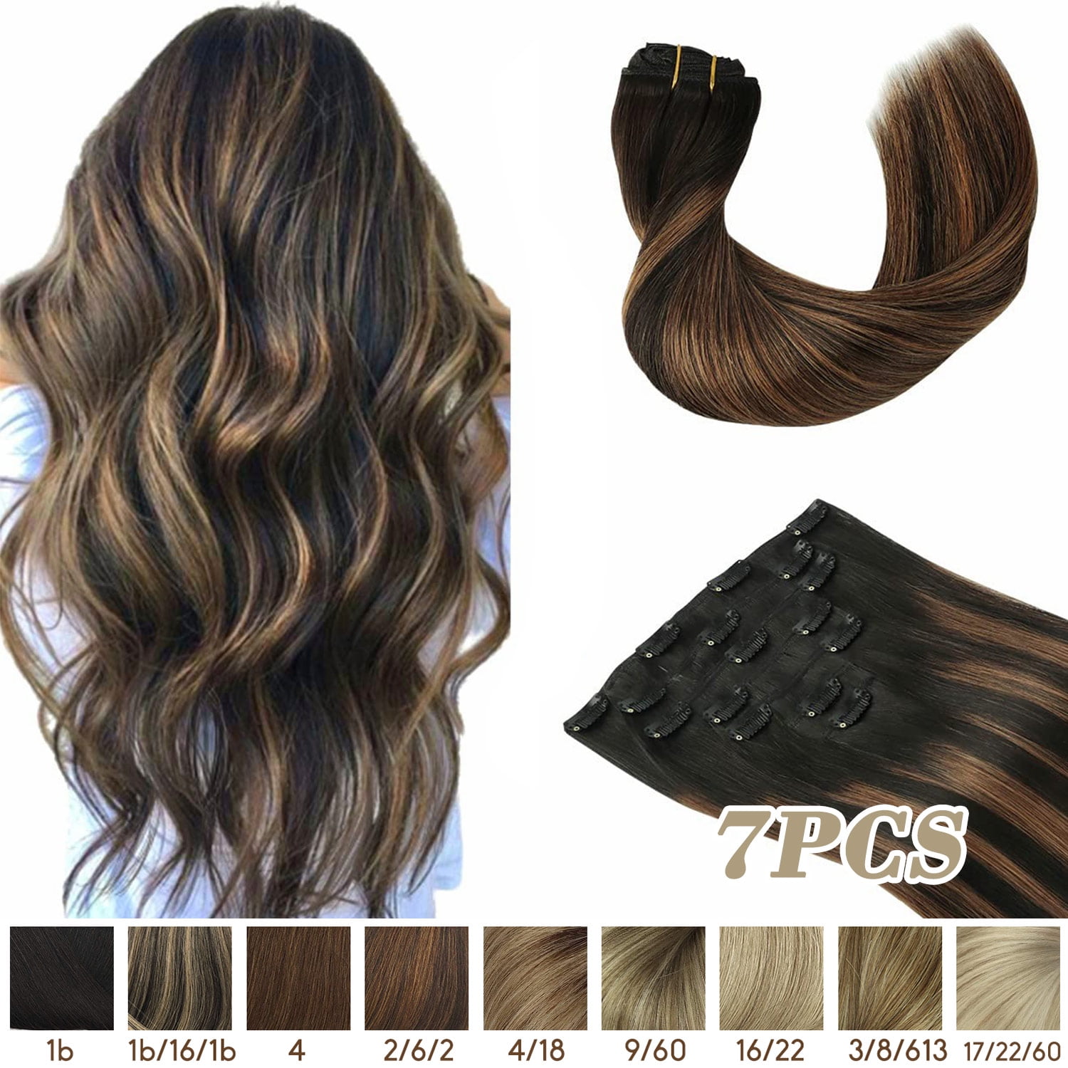 Hotbanana Real Human Clip in Hair Extensions,Ombre Natural Black Mixed ...