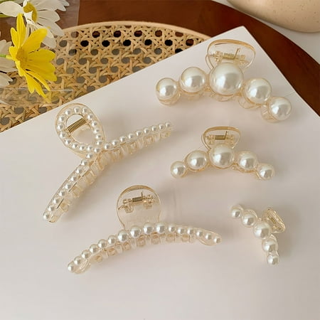 SHAR 5 Large Pearl Hair Clips Chunky White and Black Hair Clips Long ...