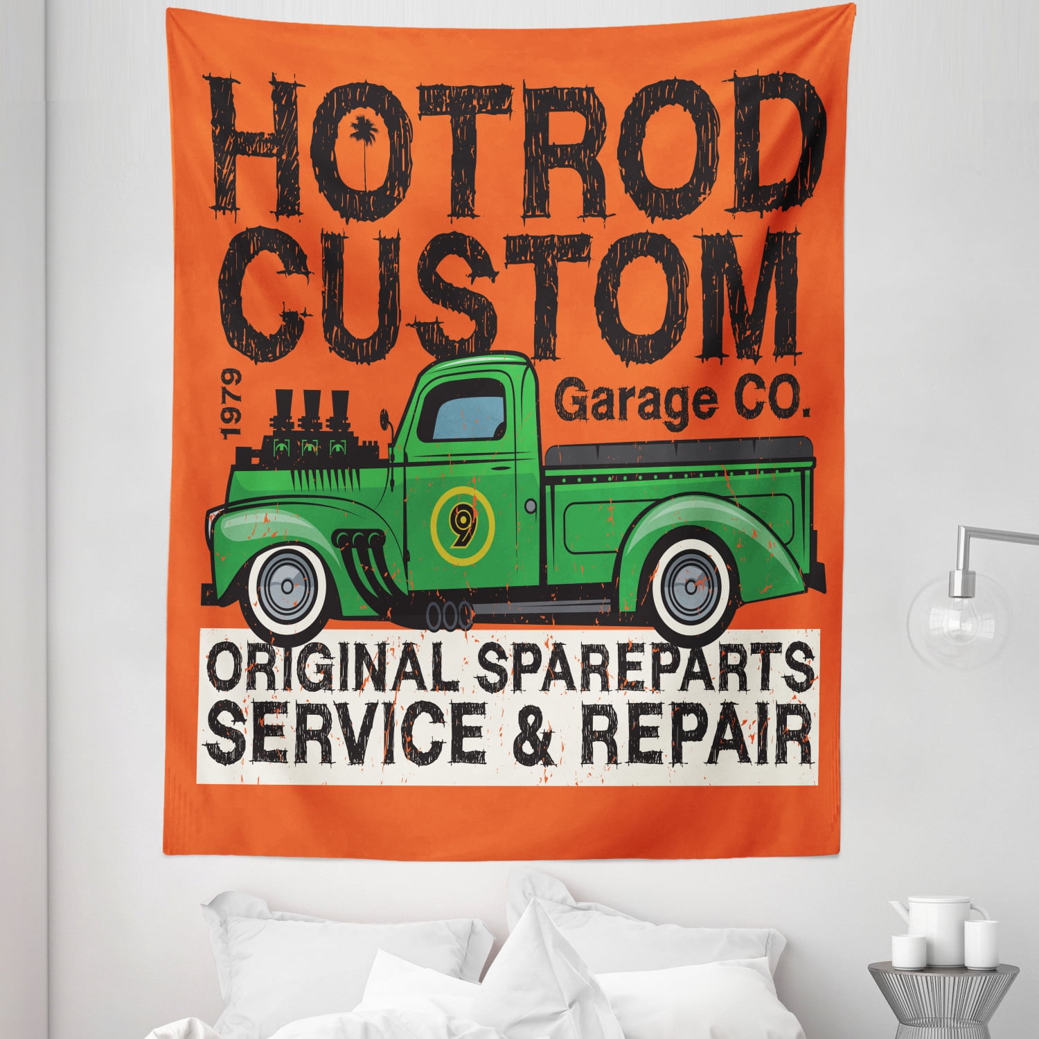 Vintage Trucks Tapestry, Retro Style Vehicle in a Garage Themed Poster ...