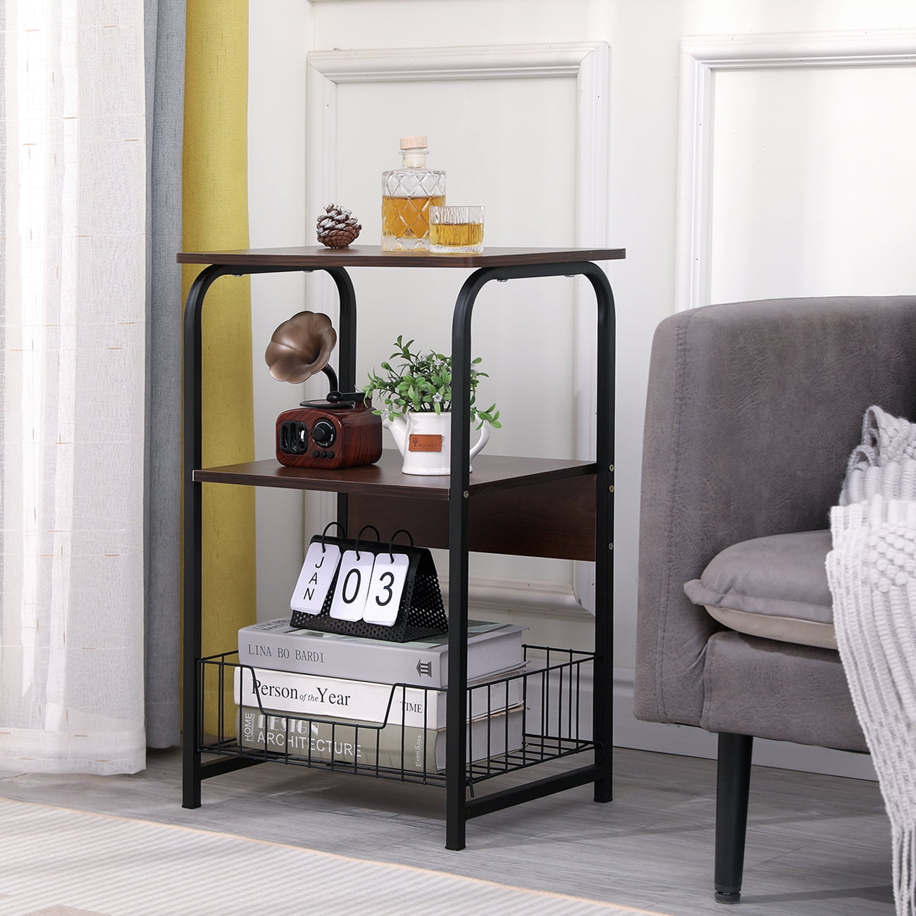Black Square Side Table 3-Tier End Table Nightstand Accent Table,Net ...