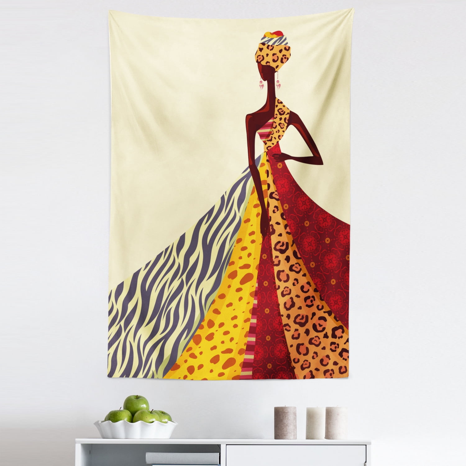 Modern Tapestry, Girl Posing with a Dress of Different Design Patterned ...