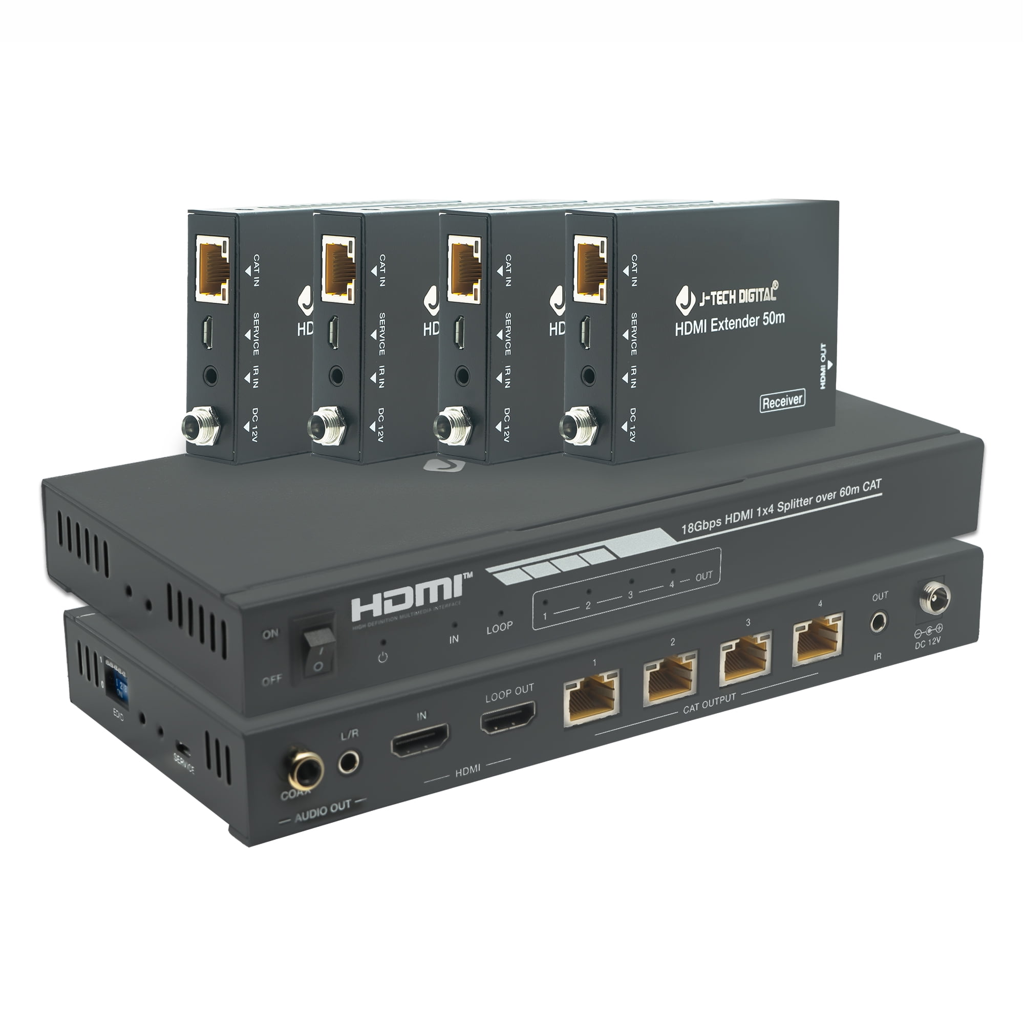 J-Tech Digital JTECH-14EX50 HDMI 2.0 4K 1x4 Splitter Extender w/ PoC ...