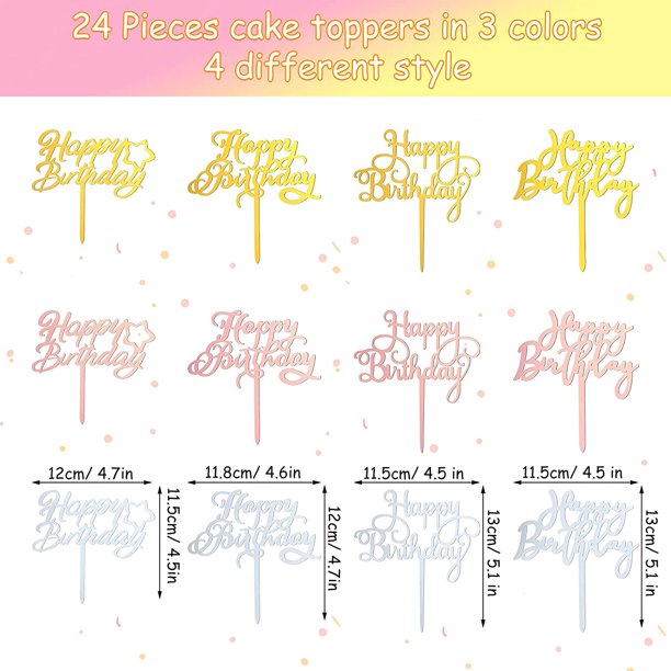 24 Pieces Acrylic Birthday Cupcake Topper Happy Birthday Cake Topper ...