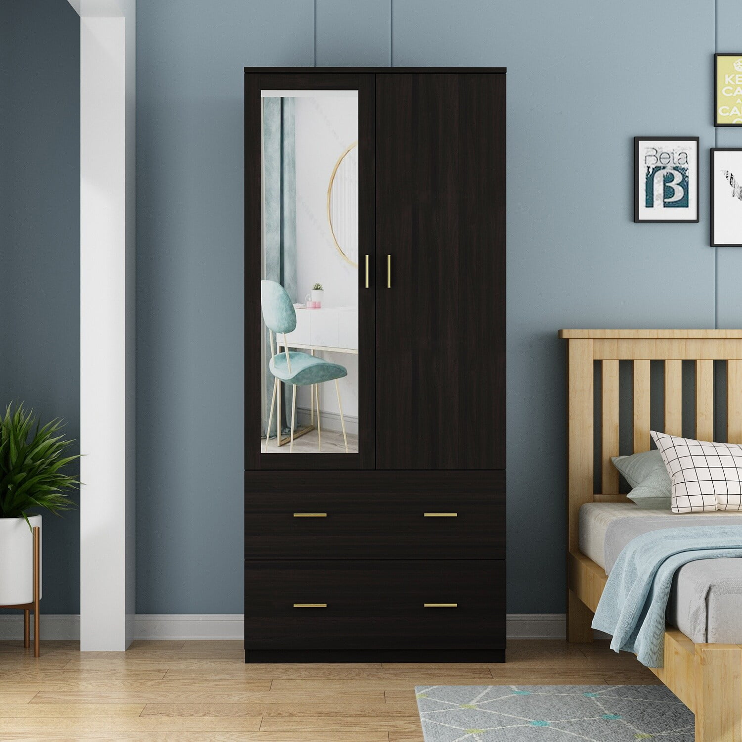 Kerrogee Bedroom Armoires Wardrobe with Mirror Drawers and Doors Dark ...