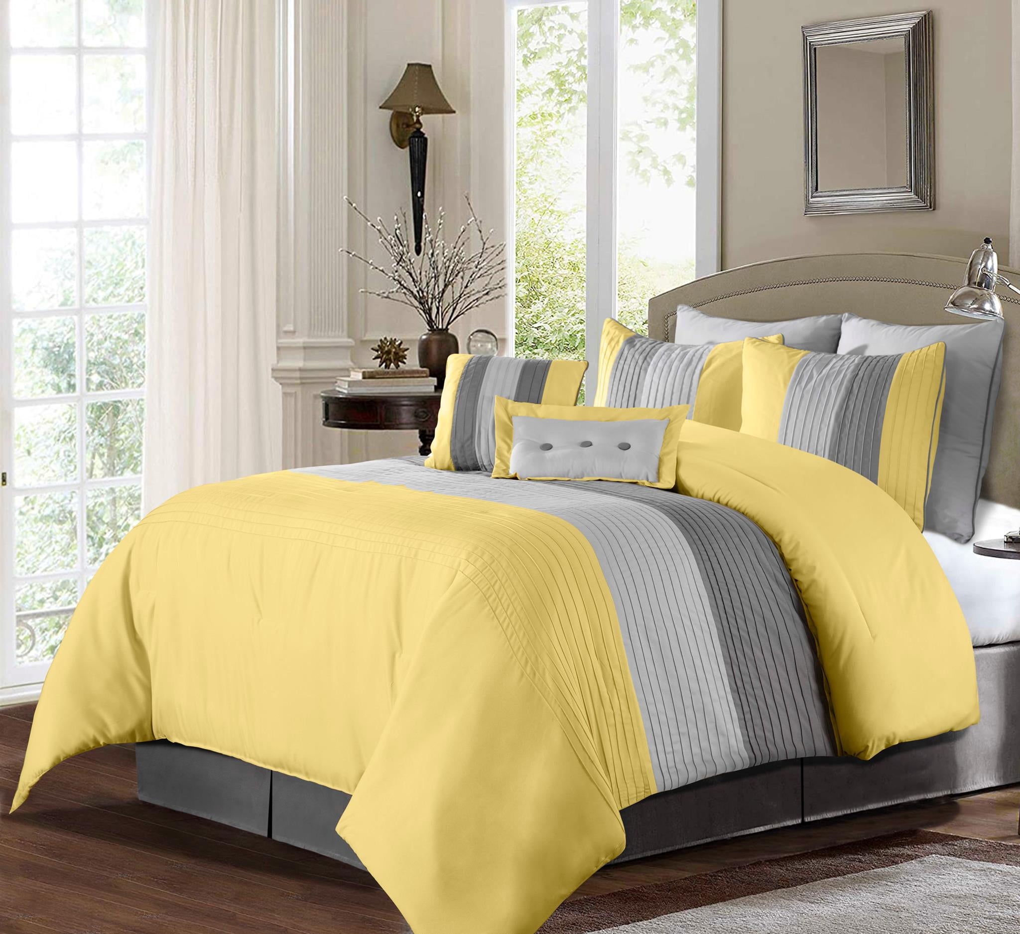 Chezmoi Collection Luxury Pleated Striped Comforter Set, King, Yellow ...