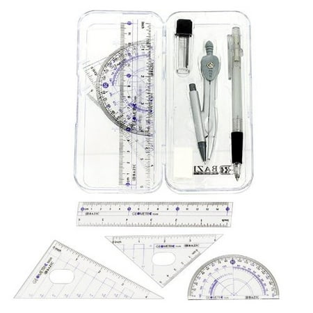 Math Geometry Tool Set - 8 Pieces - Rulers, Protractor, Compass and ...