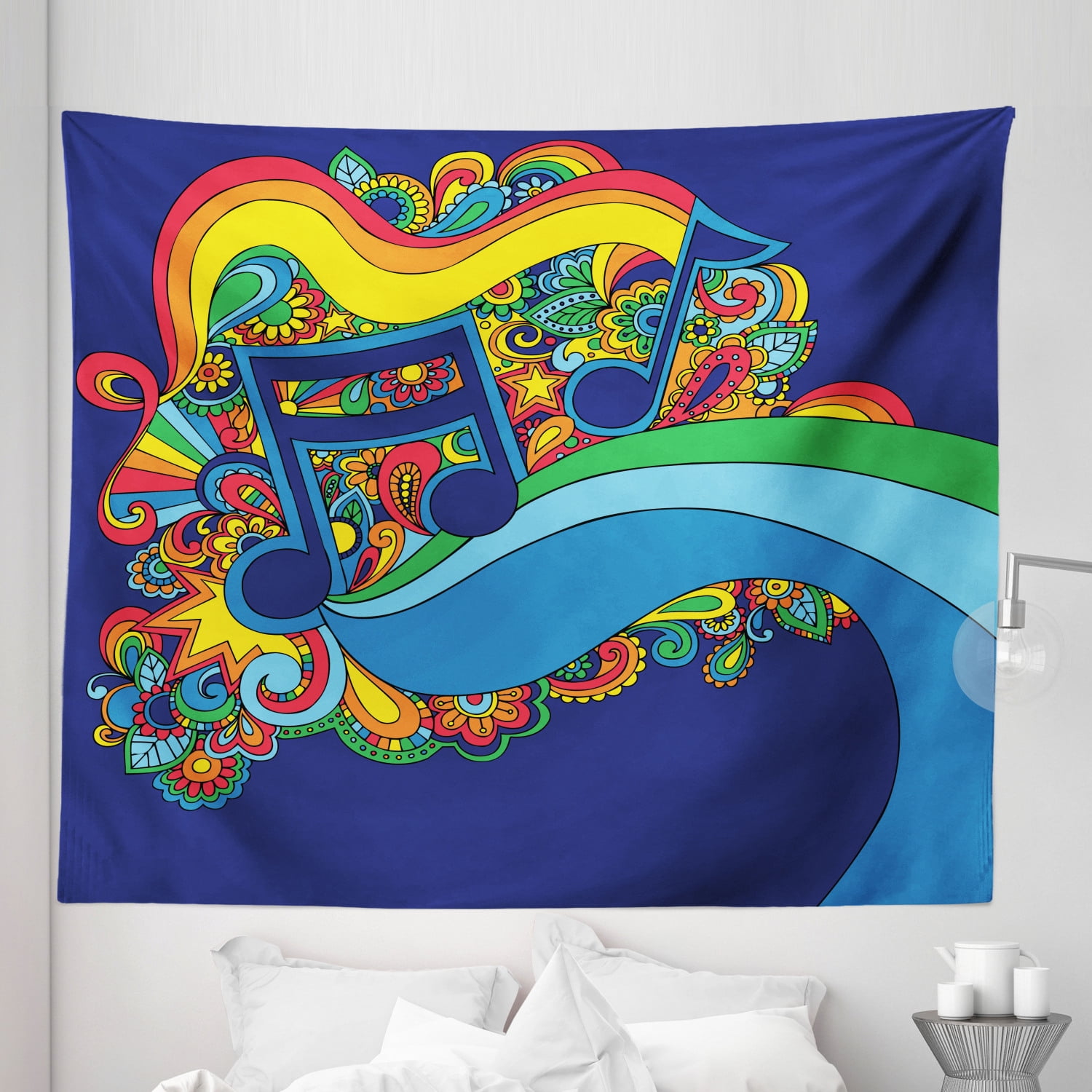 Music Tapestry, Colorful Sixties Inspired Floral Composition with Notes ...