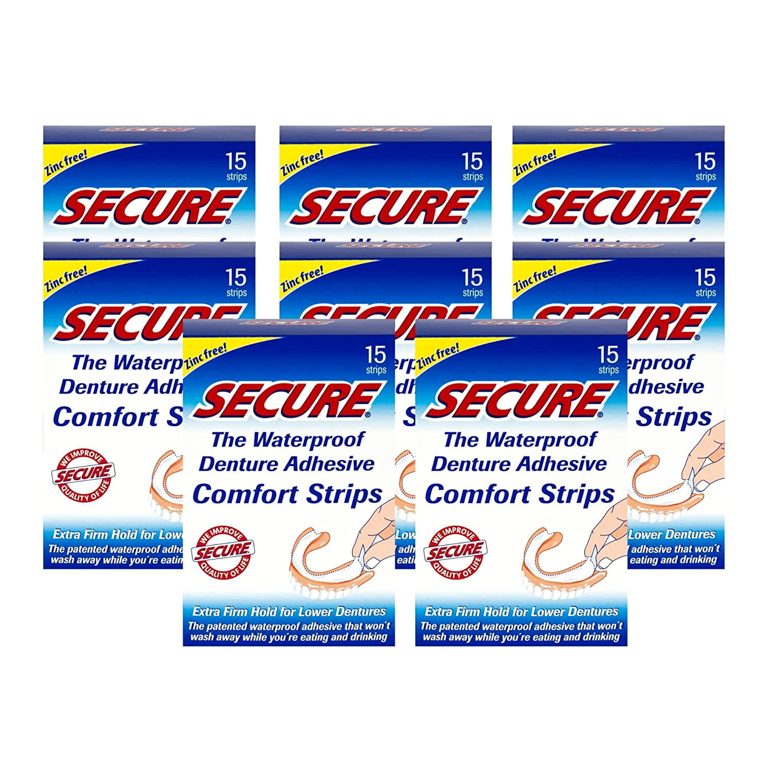 Secure Comfort Strips - Waterproof Denture Adhesive, Custom Fit, Zinc ...