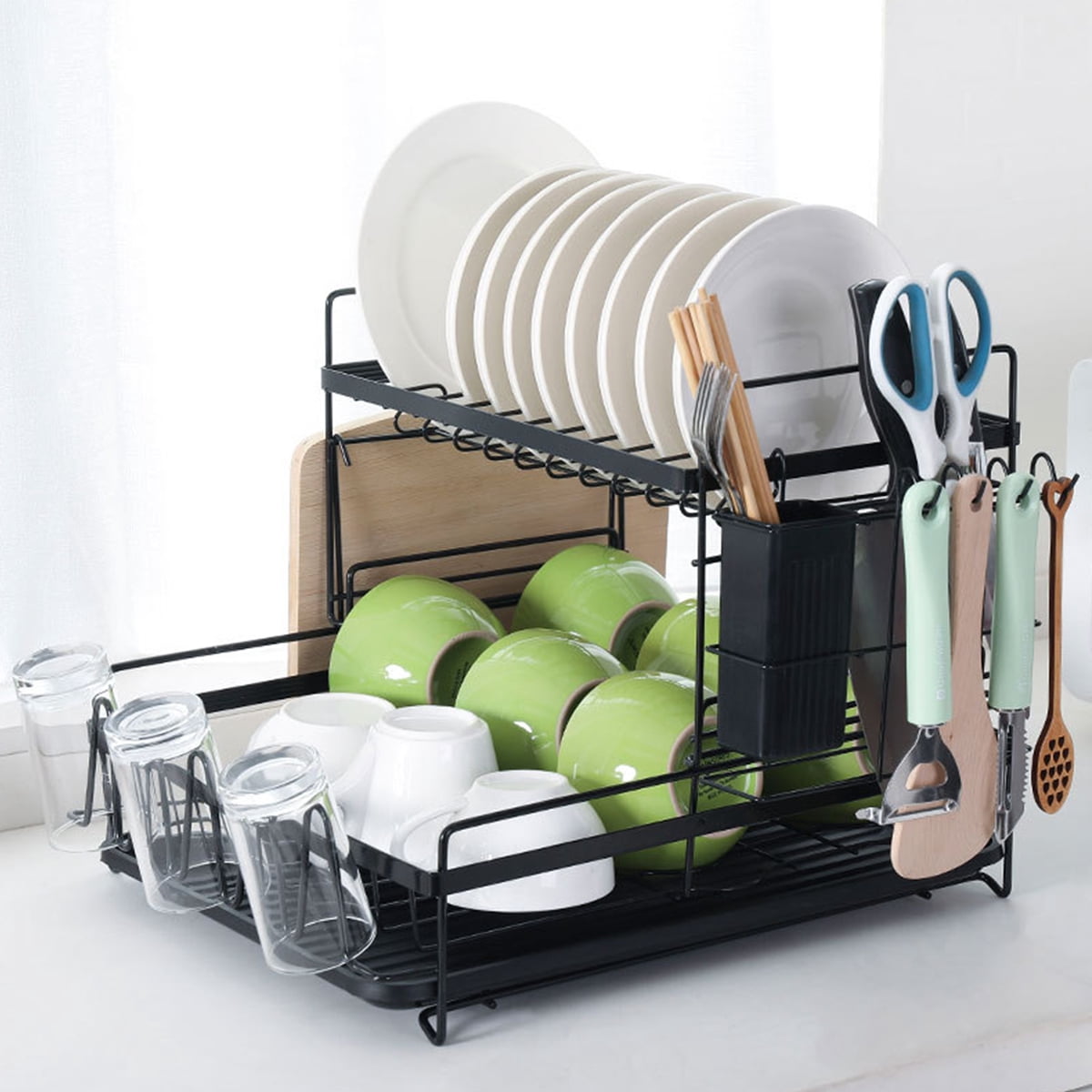 2 Tier Dish Rack Large Dish Drying Rack And Drainboard Set With