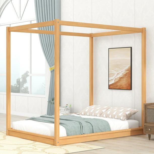 Wood Full Size Canopy Platform Bed with Support Frame for Bedroom ...