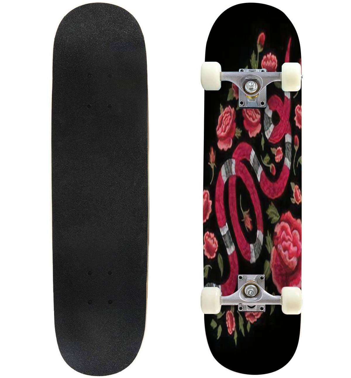 snake and red roses Traditional stylish floral embroidery on a black ...