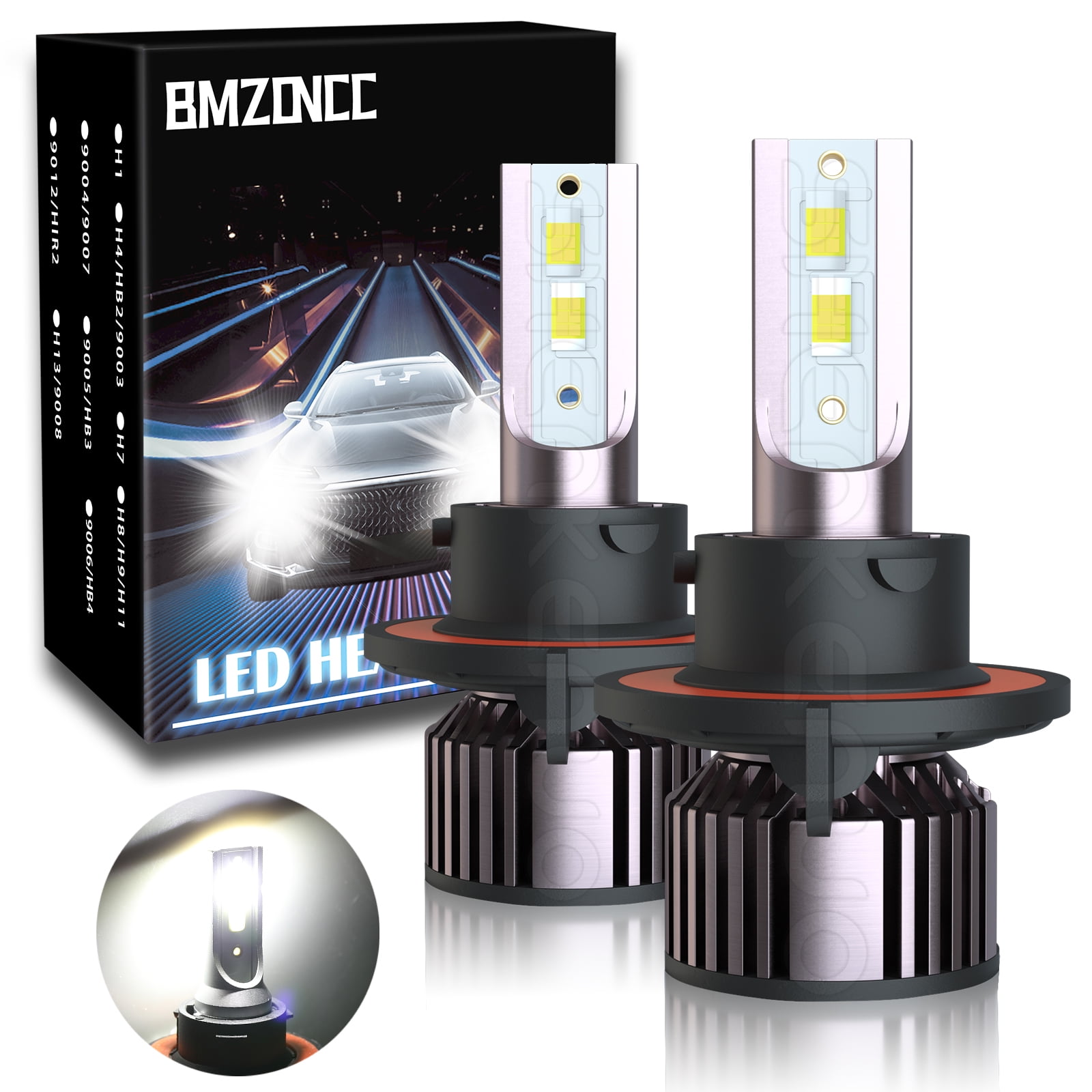 9008 H13 LED Headlight Bulbs 11000LM Per Set 6000K Xenon White High Low Hi/Lo Dual Beam ...