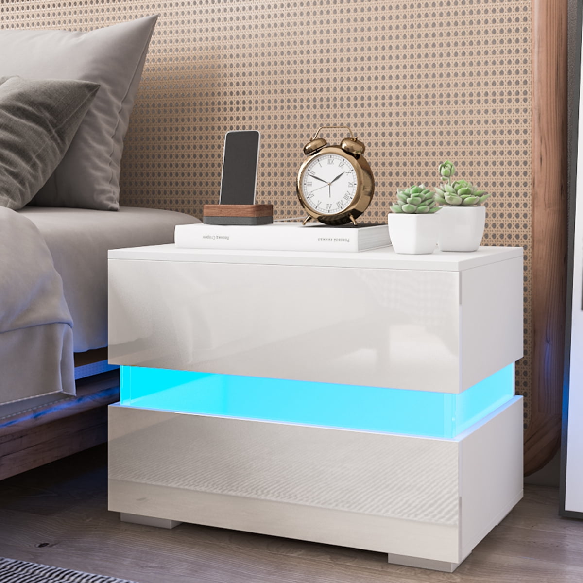 Hommpa High Gloss LED Nightstand Modern 2 Drawers Bedside Table Middle ...