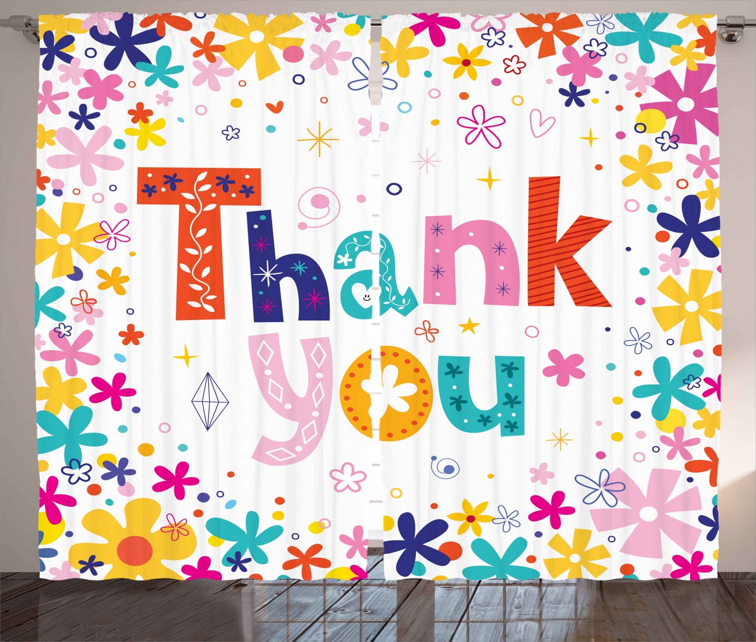 Thank You Curtains 2 Panels Set, Quote Surrounded with Flowers Blossoms ...