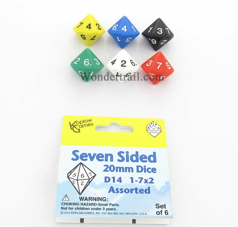 Assorted Color Dice D14 with Colored Numbers 1-7 Twice 20mm Pack of 6 ...