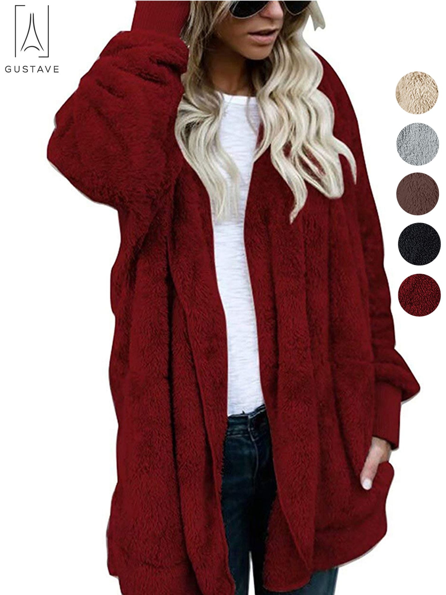 Gustave Women Fuzzy Fleece Hooded Coat Plus Size Long Sleeve Cardigan ...