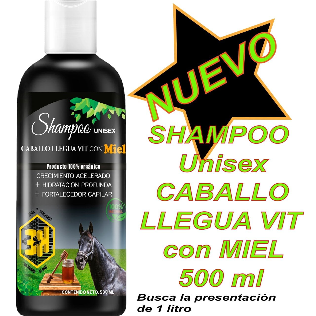 Shampoo 3H Caballo Llegua Vit con Miel 500 ml Crecimiento Acelerado Hidratación Profunda ...