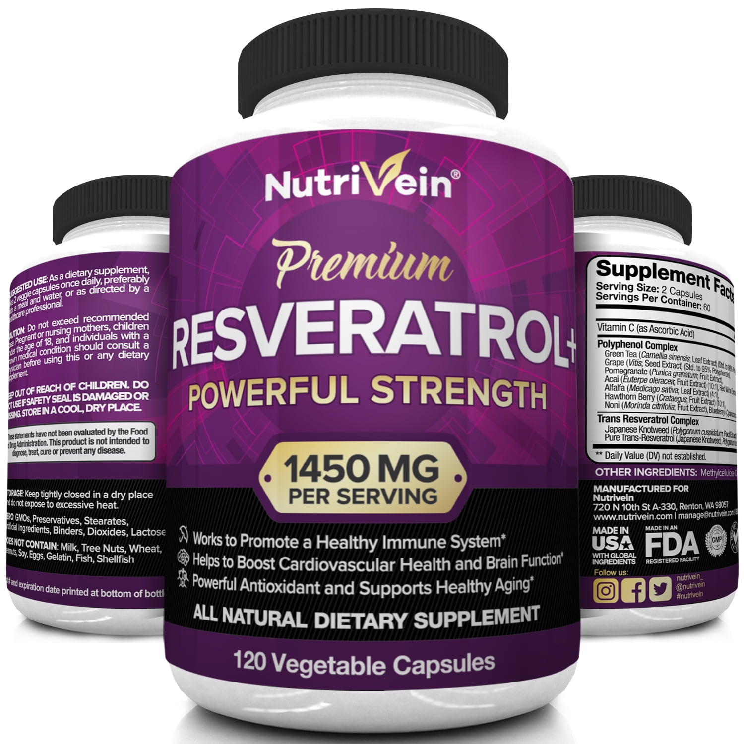 Nutrivein Resveratrol 1450mg - Anti Aging Antioxidant Supplement 120 ...