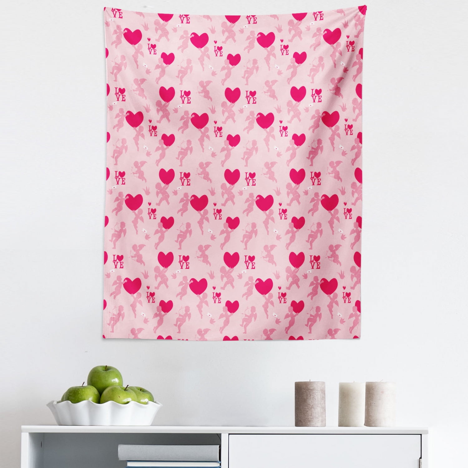 Love Tapestry, Pattern with Silhouettes of Angel Heart Bird and ...