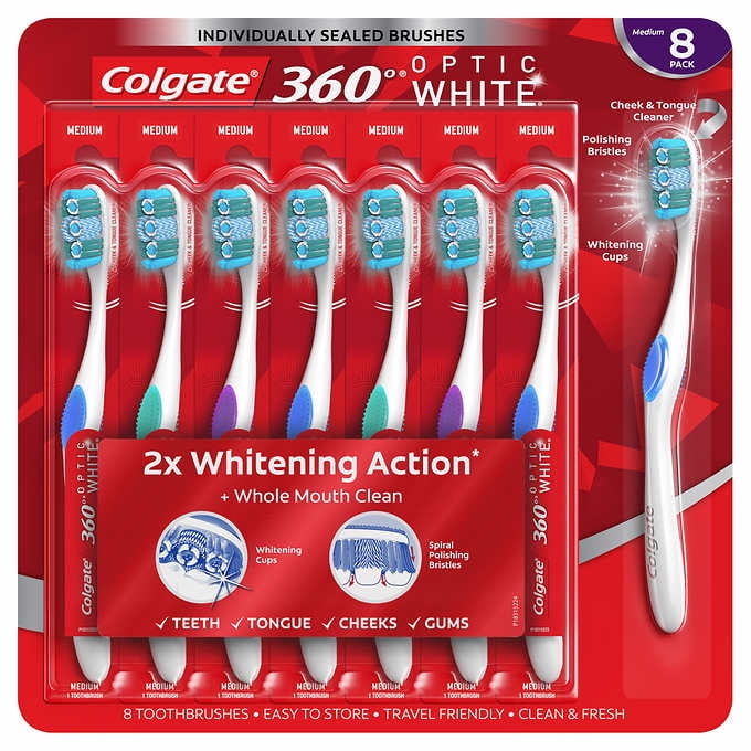 Colgate 360 Optic White Toothbrush, Medium 8-pack - Walmart.com