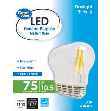 Great Value LED Light Bulb, 8W (60W Equivalent) A19 Clear Glass E26 ...
