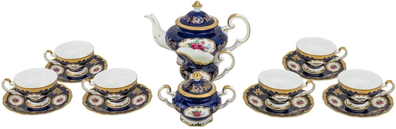 Buy 17 Pieces Cobalt Blue Porcelain Tea Set: 6 Cups, 6 Saucers, Teapot ...