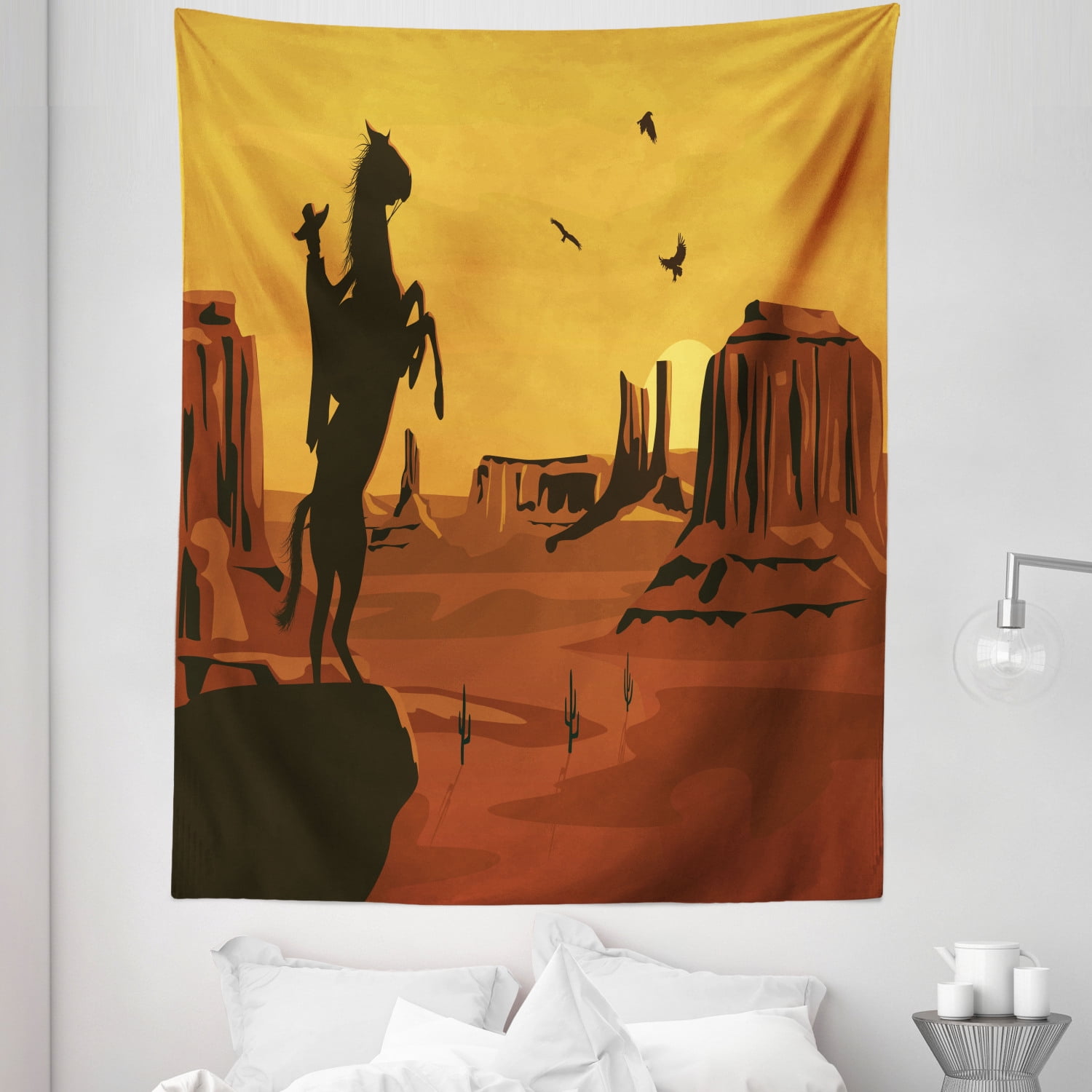 Western Tapestry, Cartoon Illustration of Wild West Scene Cowboy in ...