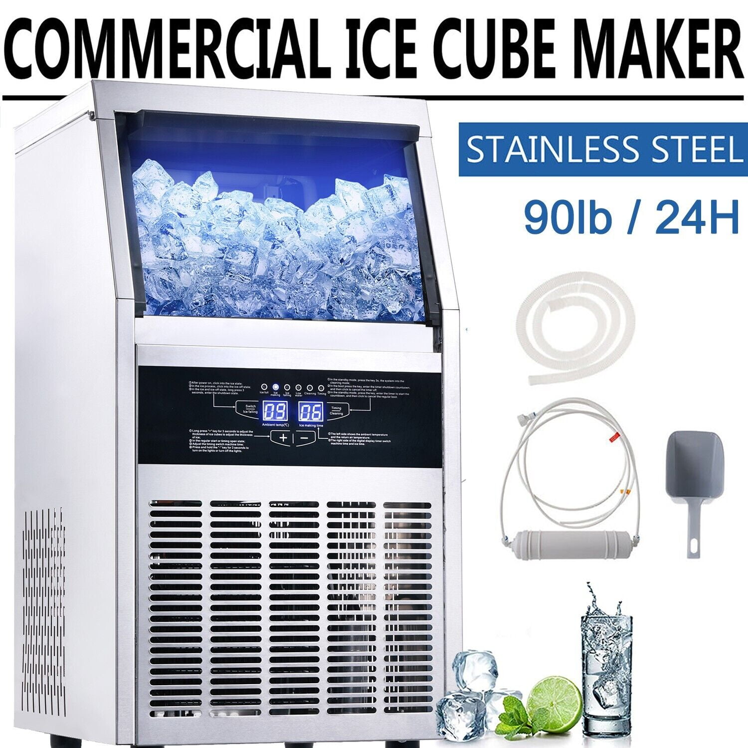 Commercial Ice Maker 90lb Stainless Steel Bar Restaurant Built-in Cube ...