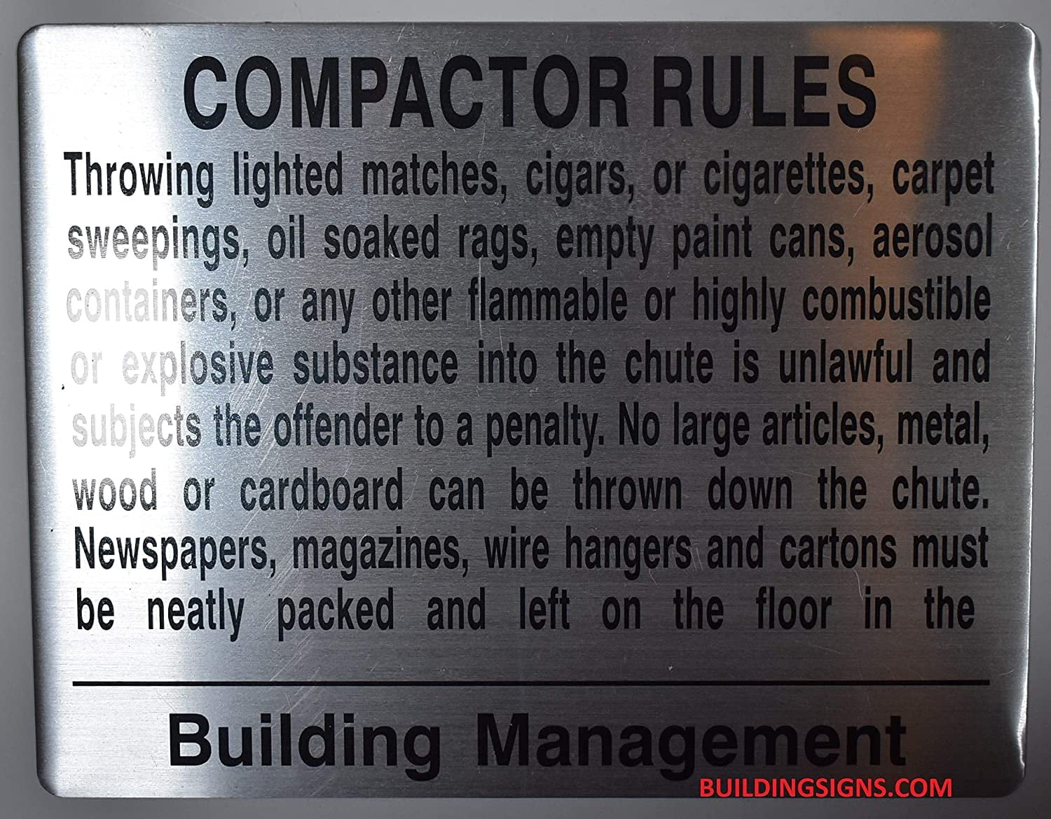 Compactor Rules Sign (Brush Silver, Aluminum, Double Sided Tape, Size 8 ...