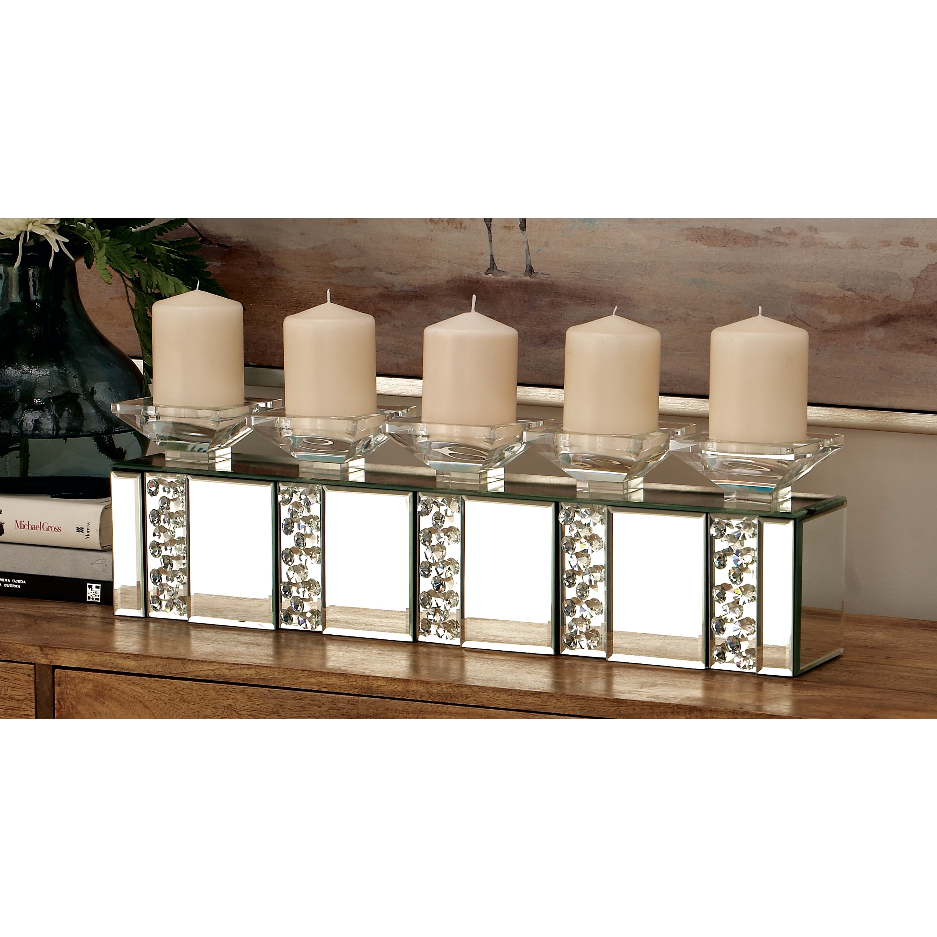 DecMode 5 Holder Silver Glass Pillar Candelabra with Mirrored Accents ...