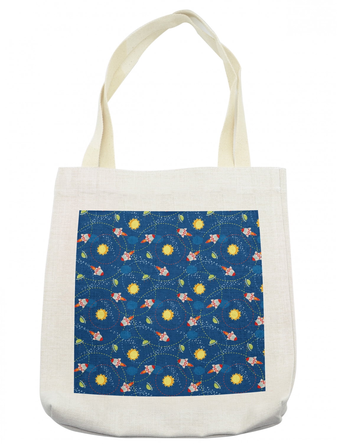 Space Tote Bag, Little Cartoon Rocket with Circular Flight Path and ...