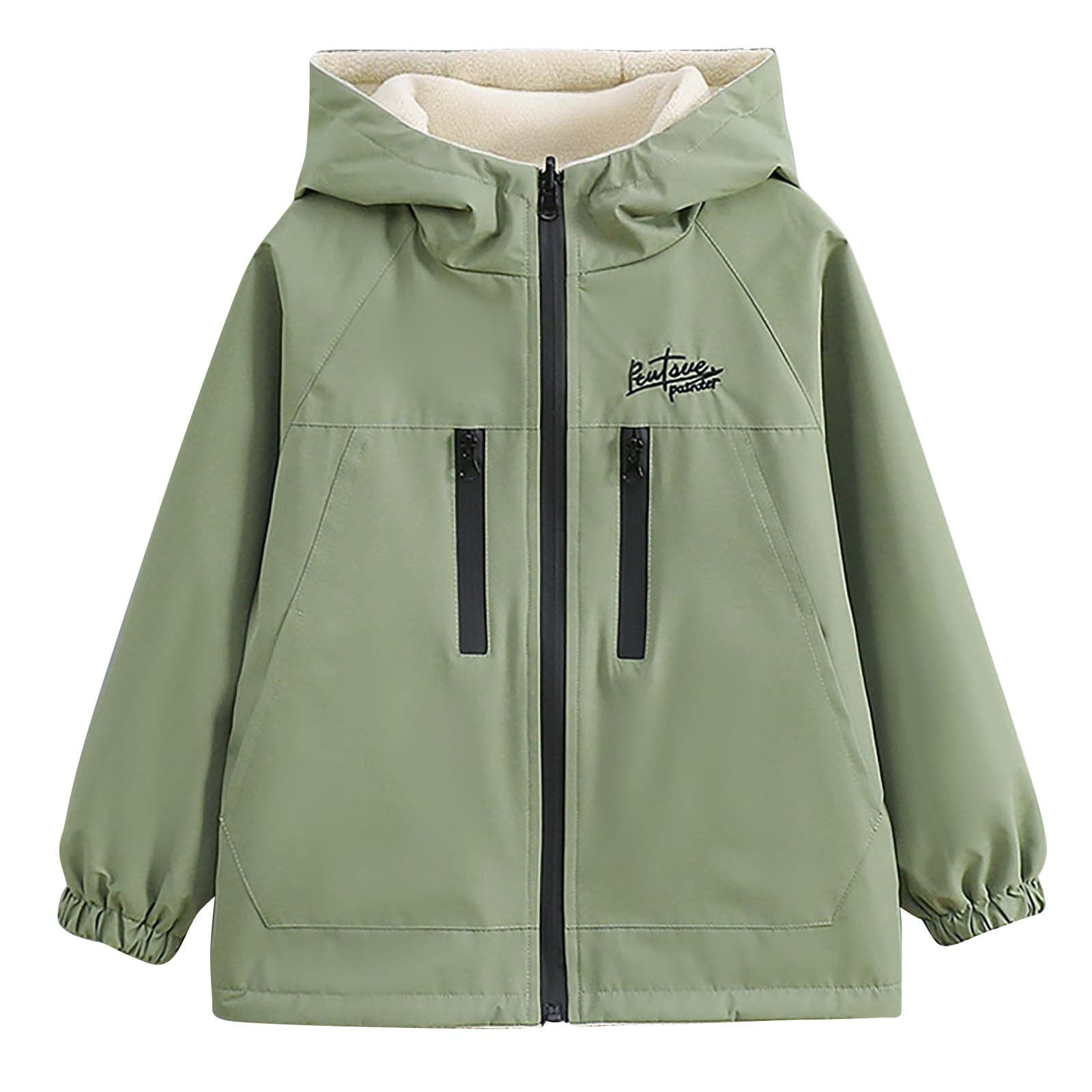 Gigrtijin Childrens Fleece Raincoat Solid Color Long Sleeve Hooded Zipper Jacket With Pocket Waterproof Trendy Casual Outwear