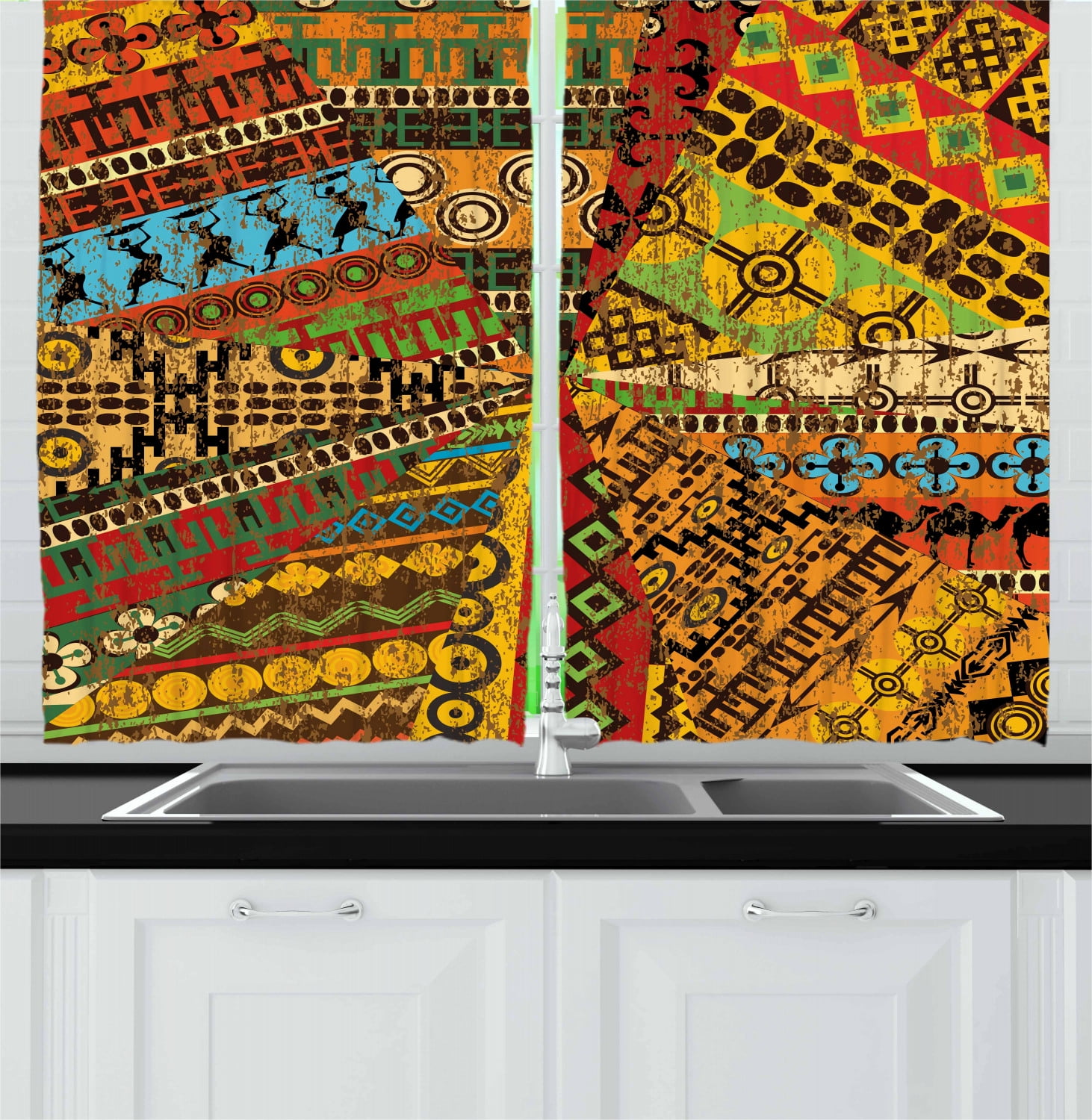 African Curtains 2 Panels Set, Grunge Collage with Ethnic Motifs Tribal ...