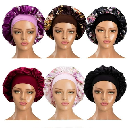 6 Pack Satin Sleep Cap for Women Soft Elastic Wide Band Hat Night ...